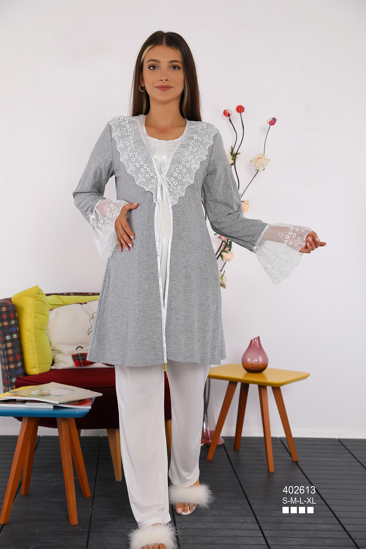 Miss Mirella 402613 Ekru Dantel Yaka Sabahlıklı Lohusa Pijama Takımı - Lohusa Hamile