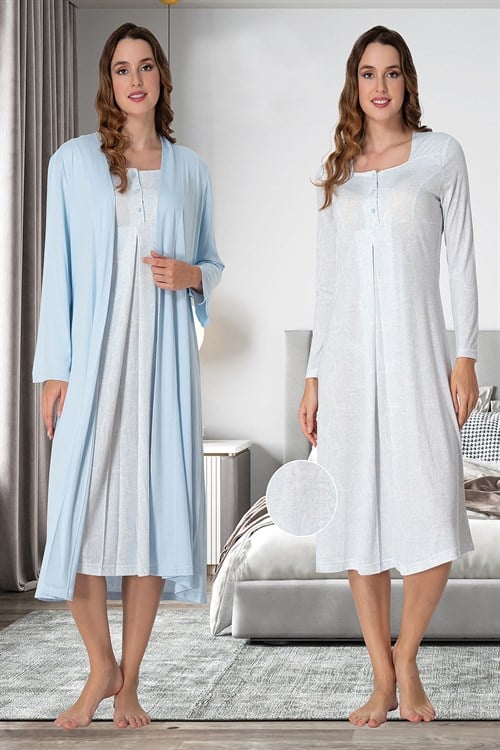 Effortt 9075 Mavi Sabahlıklı Lohusa Gecelik Takımı - Lohusa Hamile