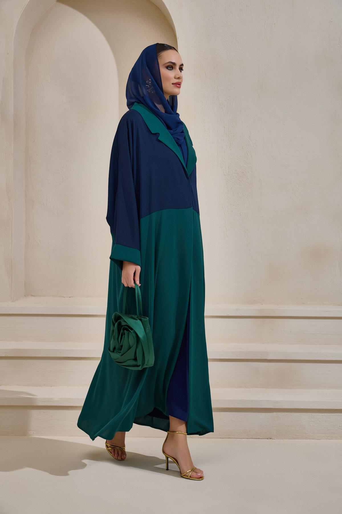 TWO COLOR ABAYA SET NAVY GREEN