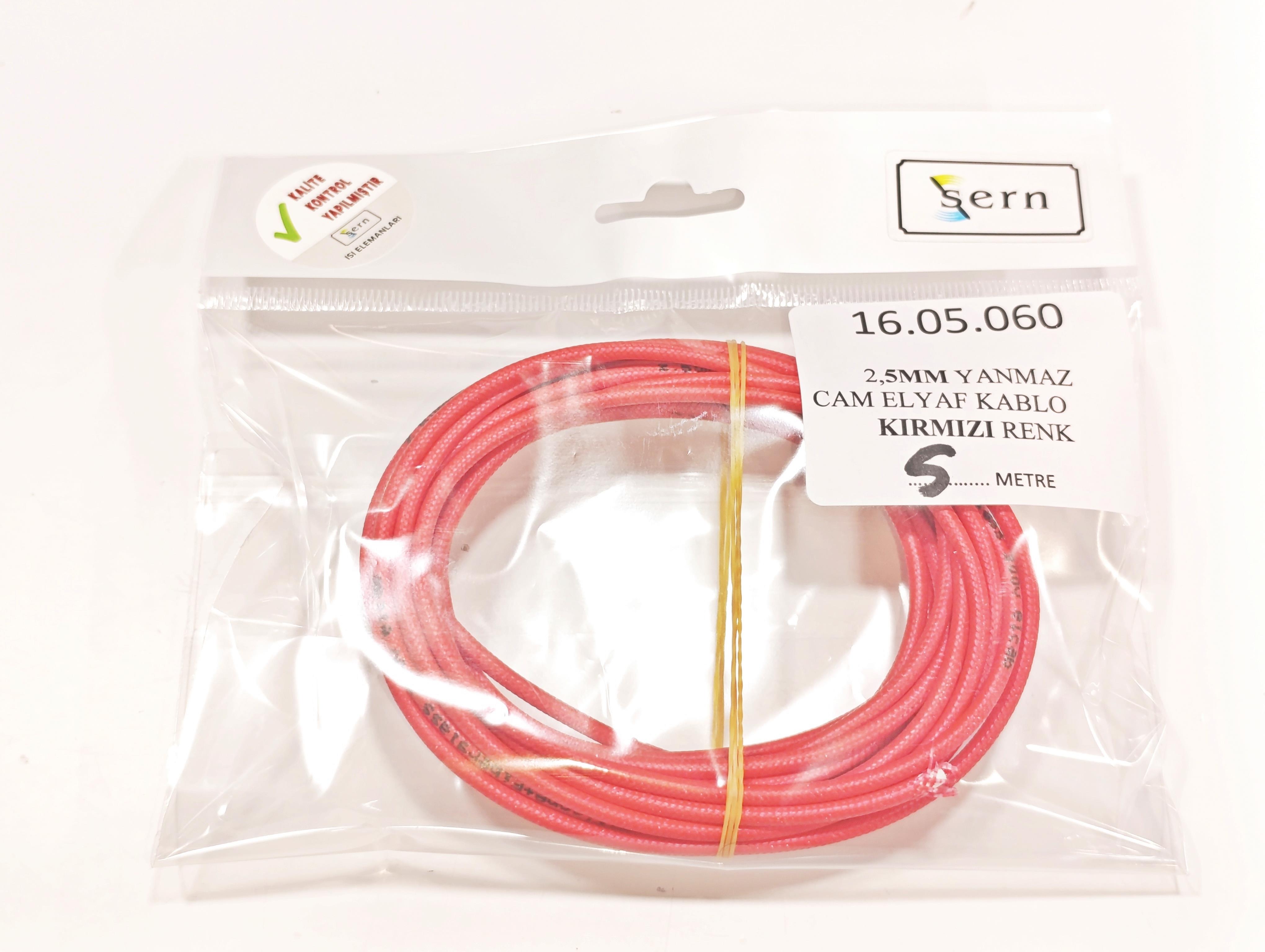 Kırmızı Renk 2,5mm Cam Elyaf Örgü Yanmaz Kablo 5metre, -60/+180°C