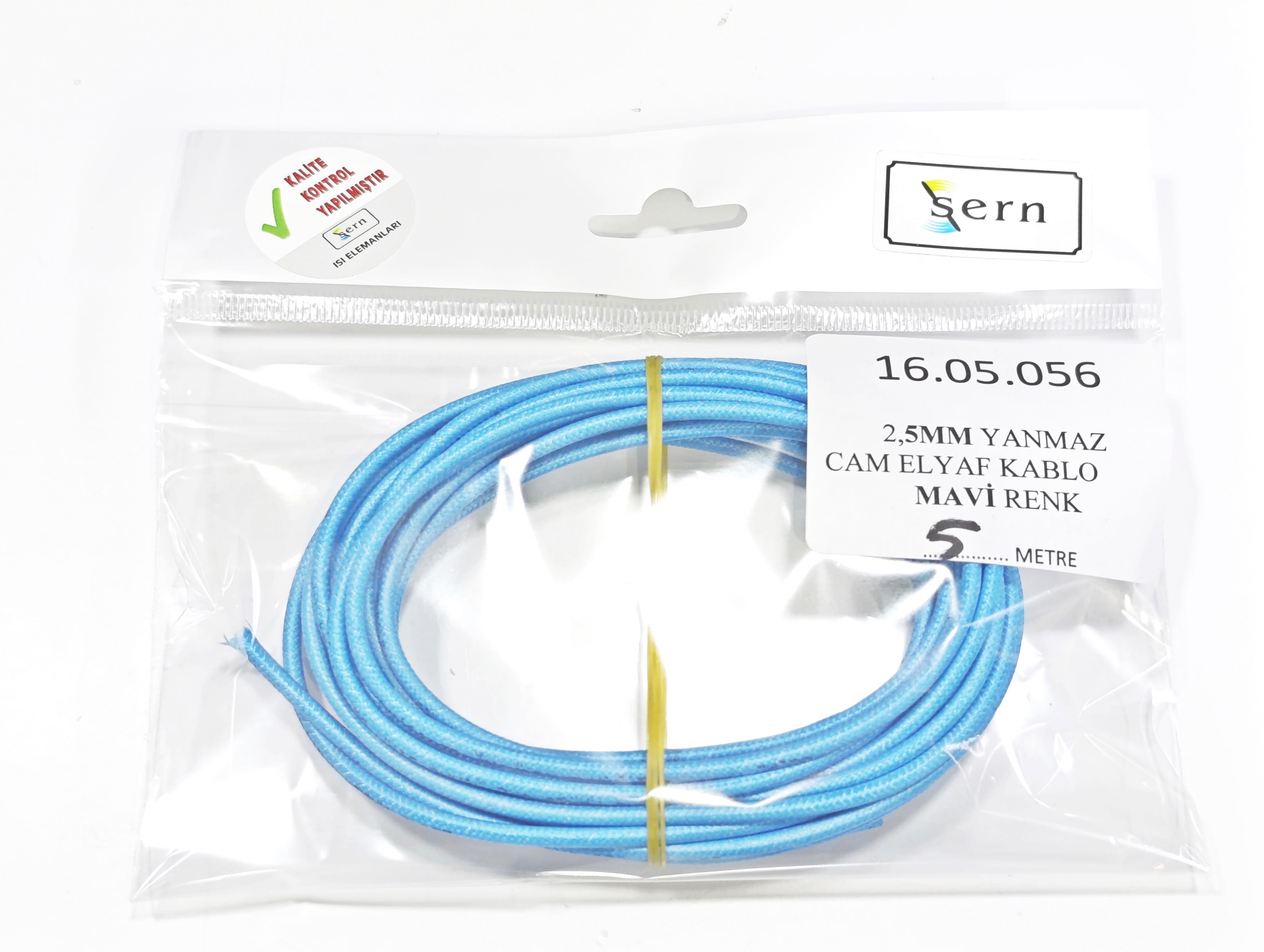 Mavi Renk 2,5mm Cam Elyaf Örgü Yanmaz Kablo 5metre, -60/+180°C