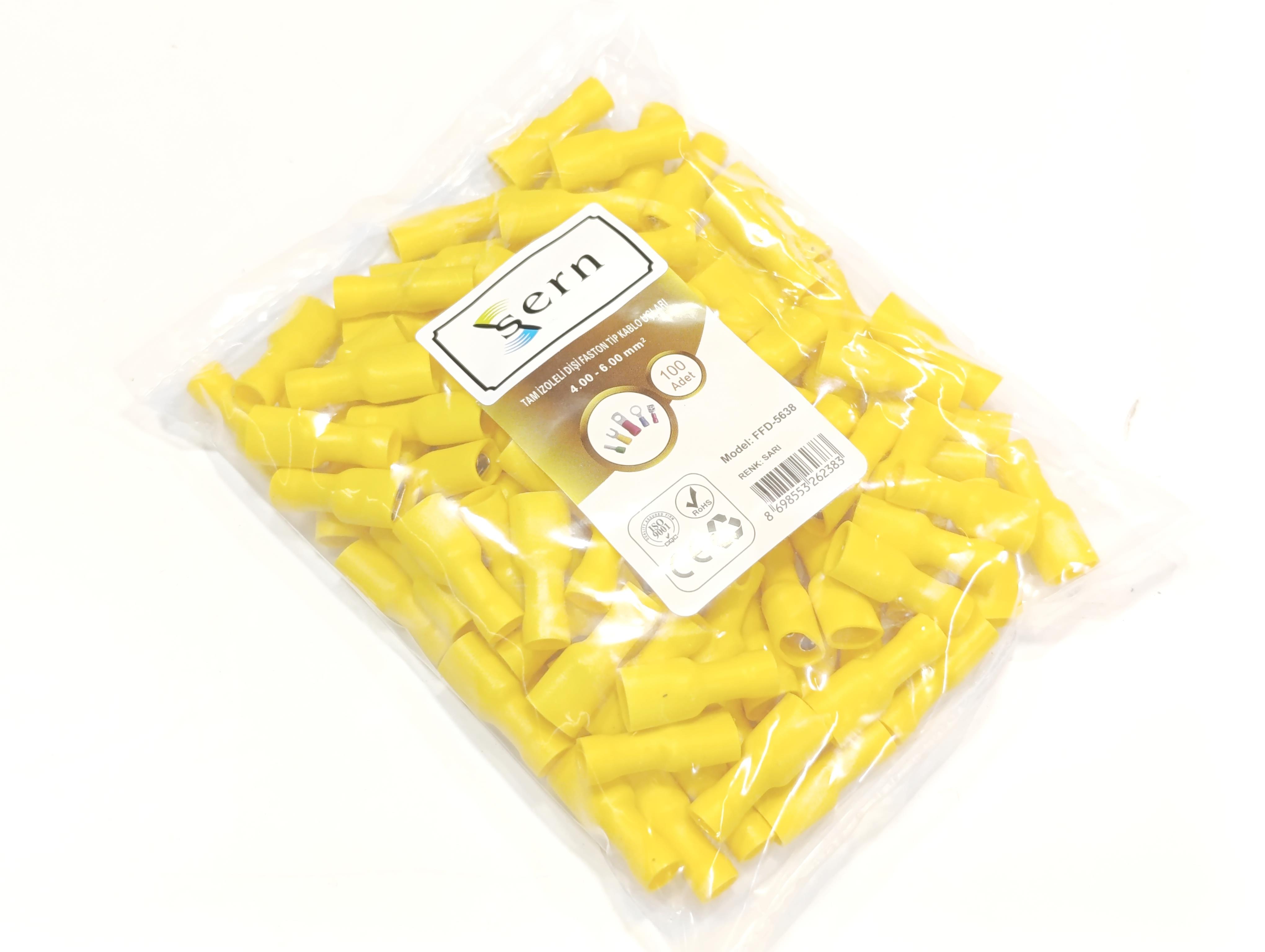 Tam İzoleli Dişi Faston Soket Kablo Ucu 0,8x6,35 4-6mm² Sarı 100 Adet