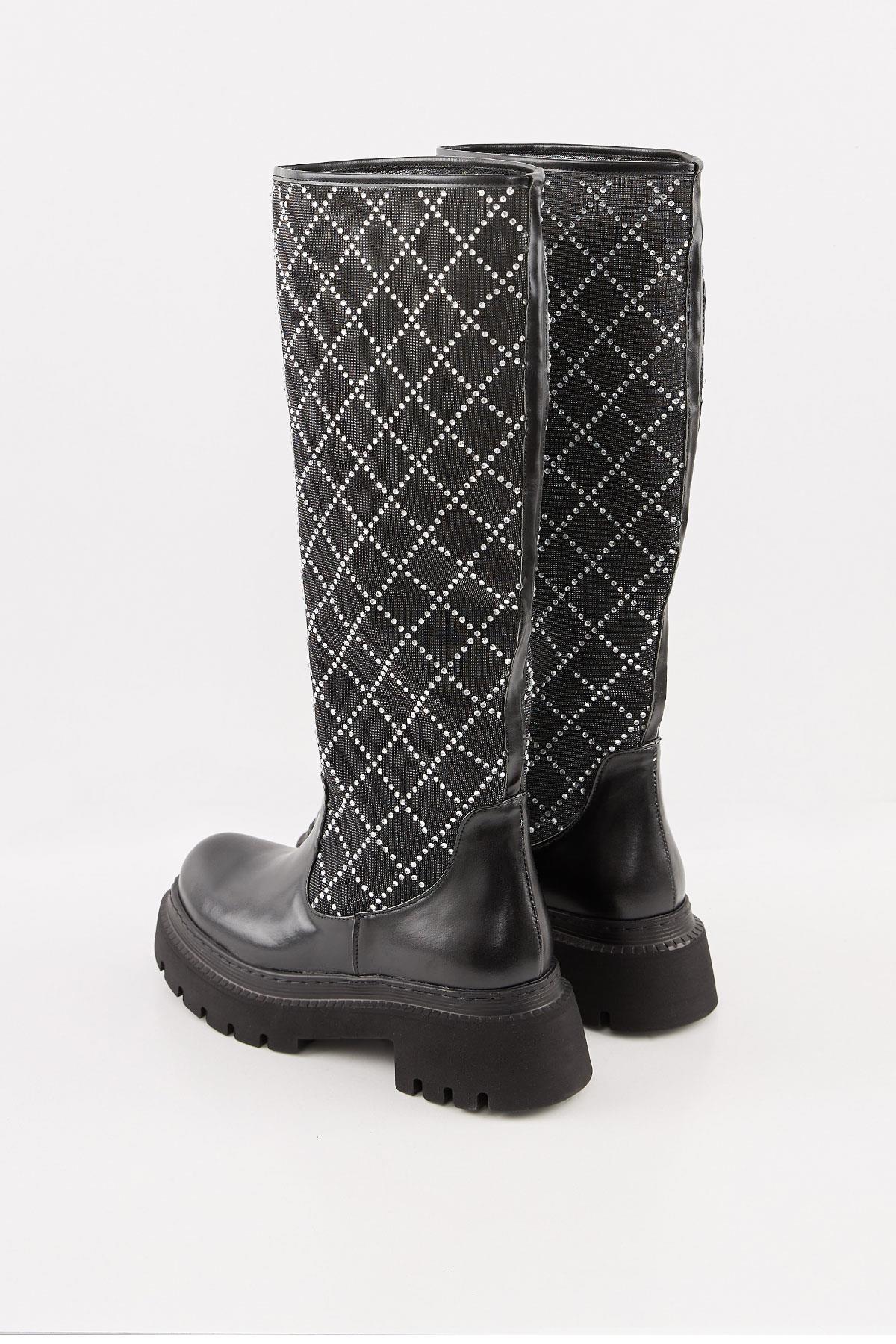 Norvel Siyah Diz Altı Taşlı Kalın Taban Kadın Çizme
