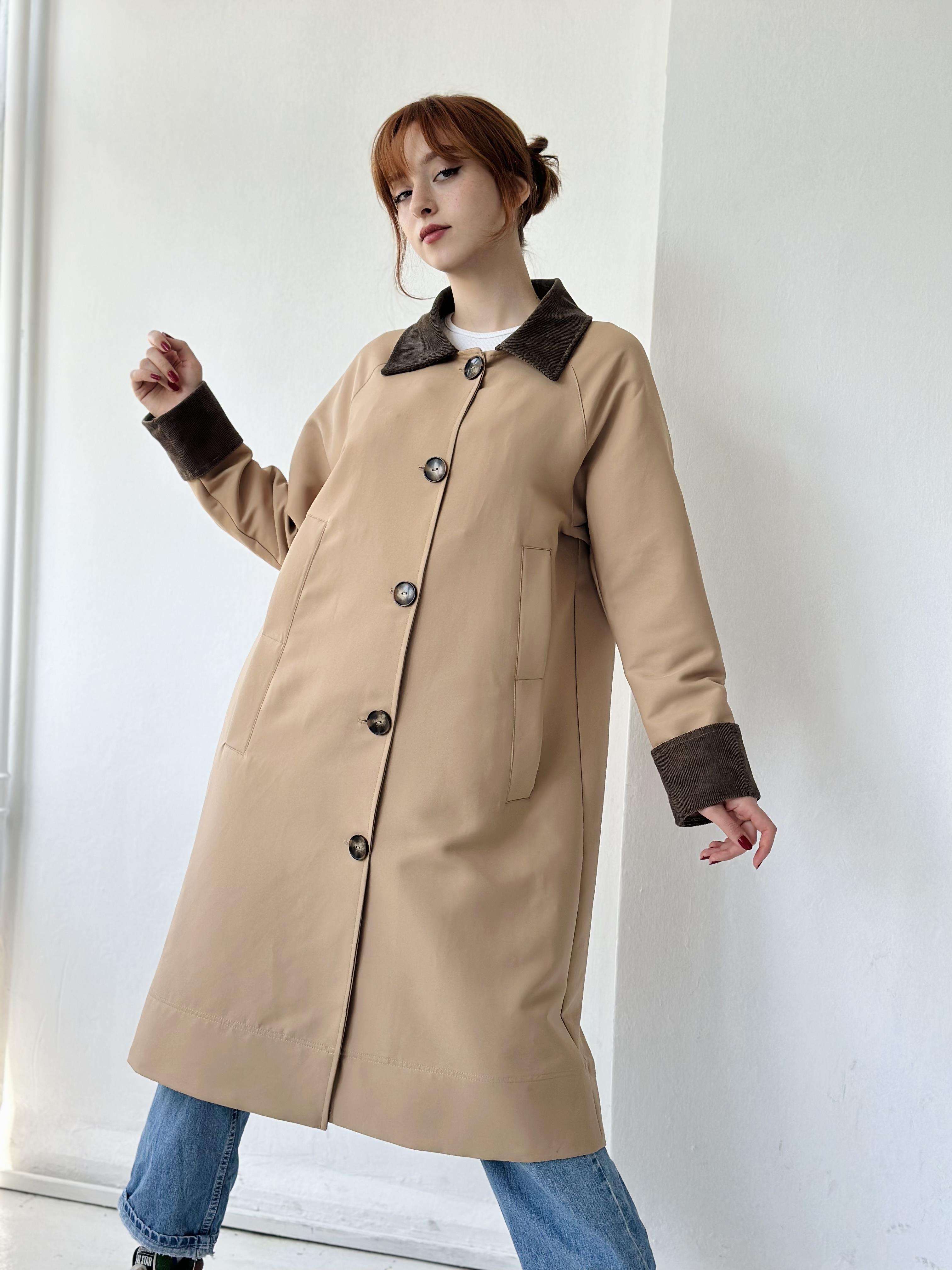 Retrobird Kadife Yaka İngiliz Stili Tasarım Taba Kadın Trenchcoat ...