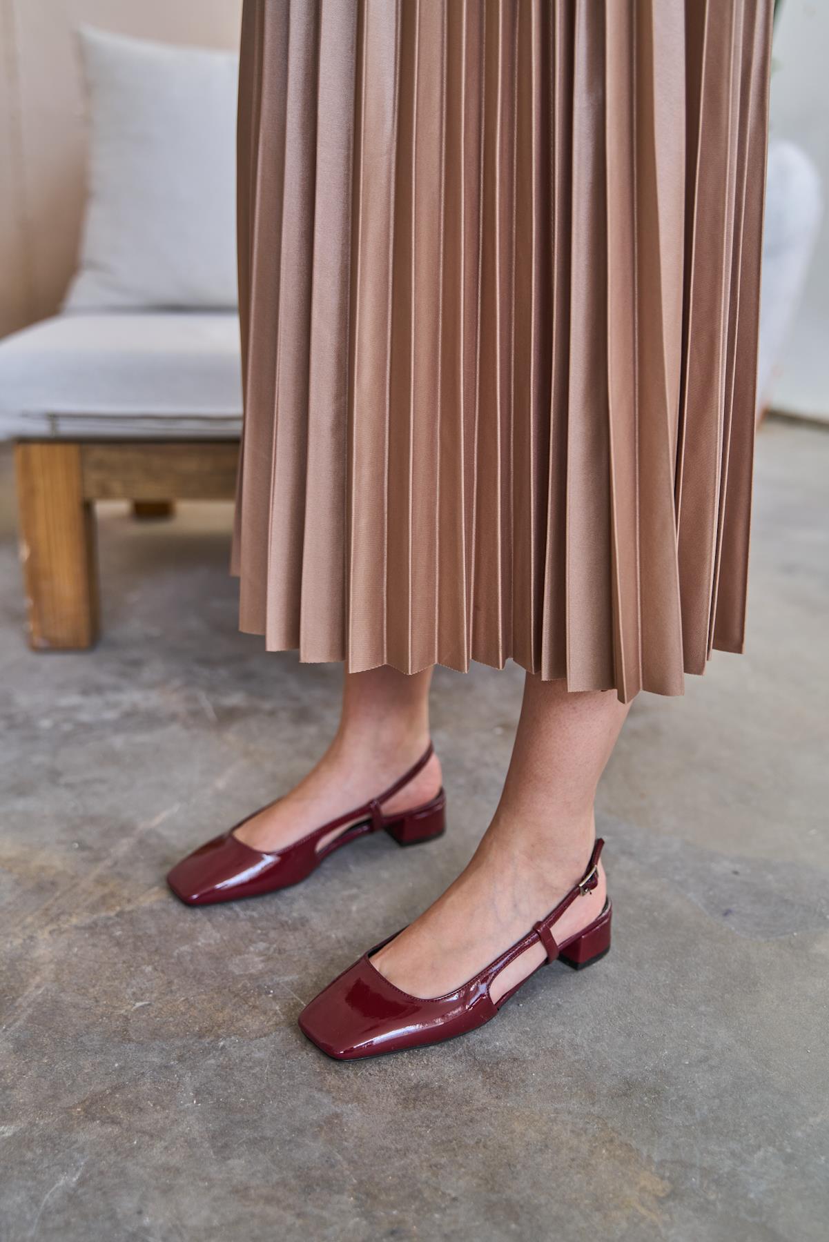 Leandra Bordo Rugan Arkadan Bantlı Kalın Topuklu Kadın Babet | Mytopuk