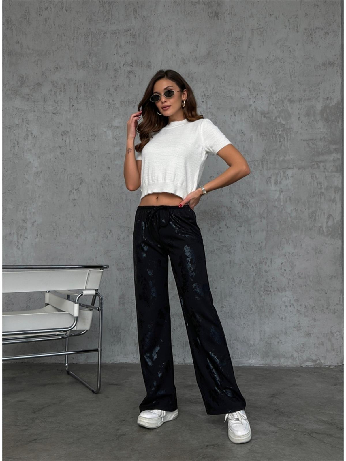 Siyah Varak Baskılı Pantolon