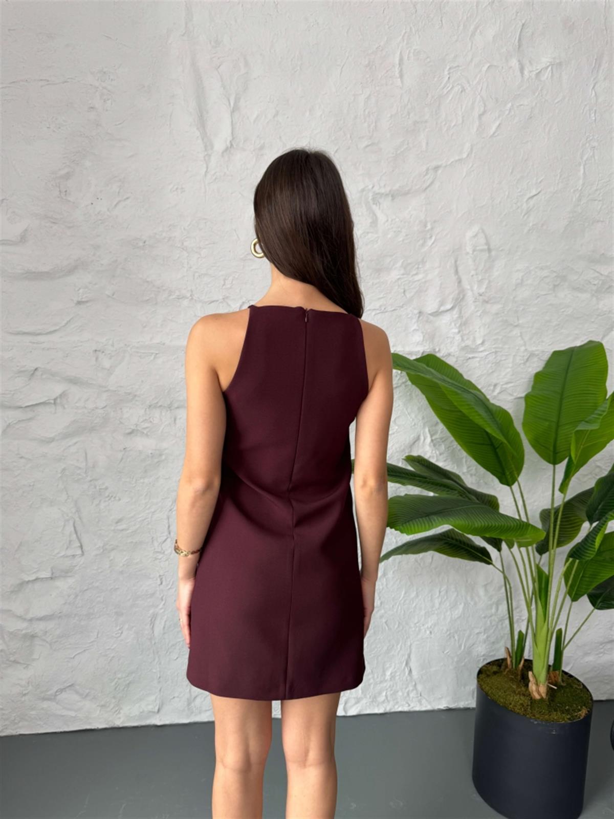 Mürdüm İp Askılı Kısa Elbise