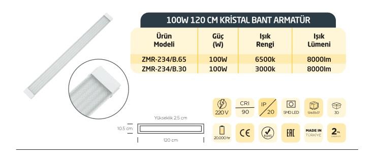 100W 120CM KRİSTAL YATAY LED BANT ARMATÜR BEYAZ 6500K