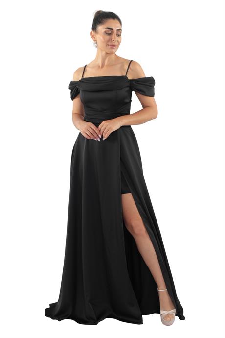 Siyah Düşük Kol İnce Taş Askılı Göğüs Drapeli Derin Yırtmaçlı Kadın Abiye