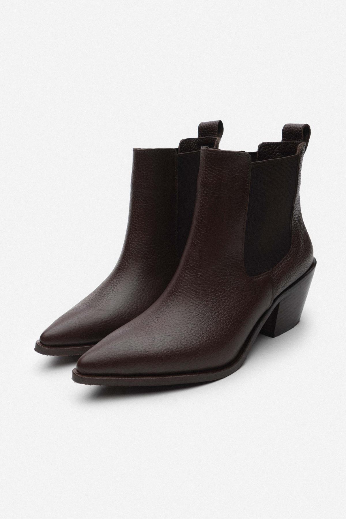 Midnight Kahve Hakiki Deri Lastik Detaylı Kadın Topuklu Bot