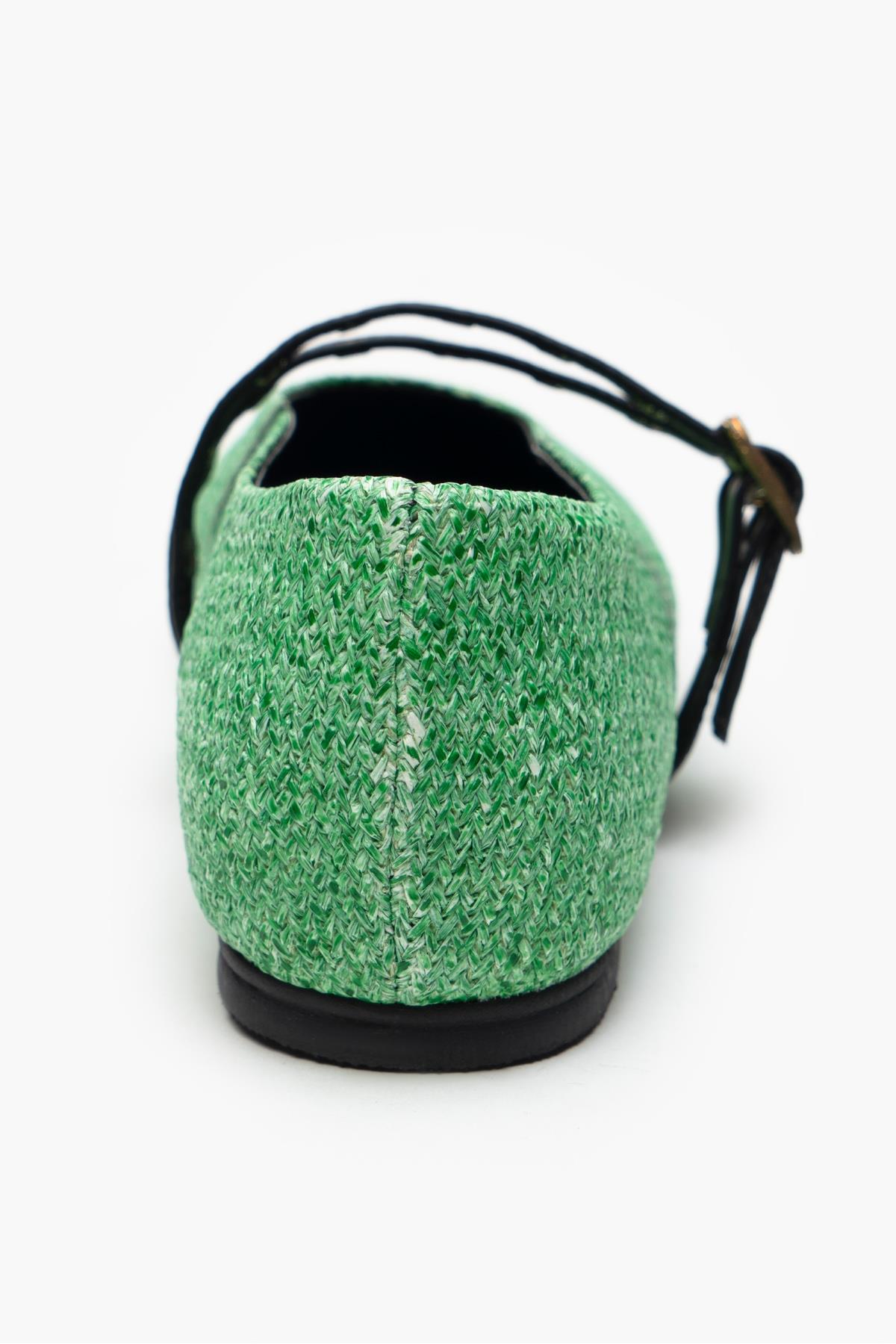 Tamara Yeşil Hasır Çift Kemer Detay Düz Taban Kadın Babet