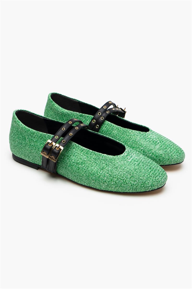 Tamara Yeşil Hasır Çift Kemer Detay Düz Taban Kadın Babet