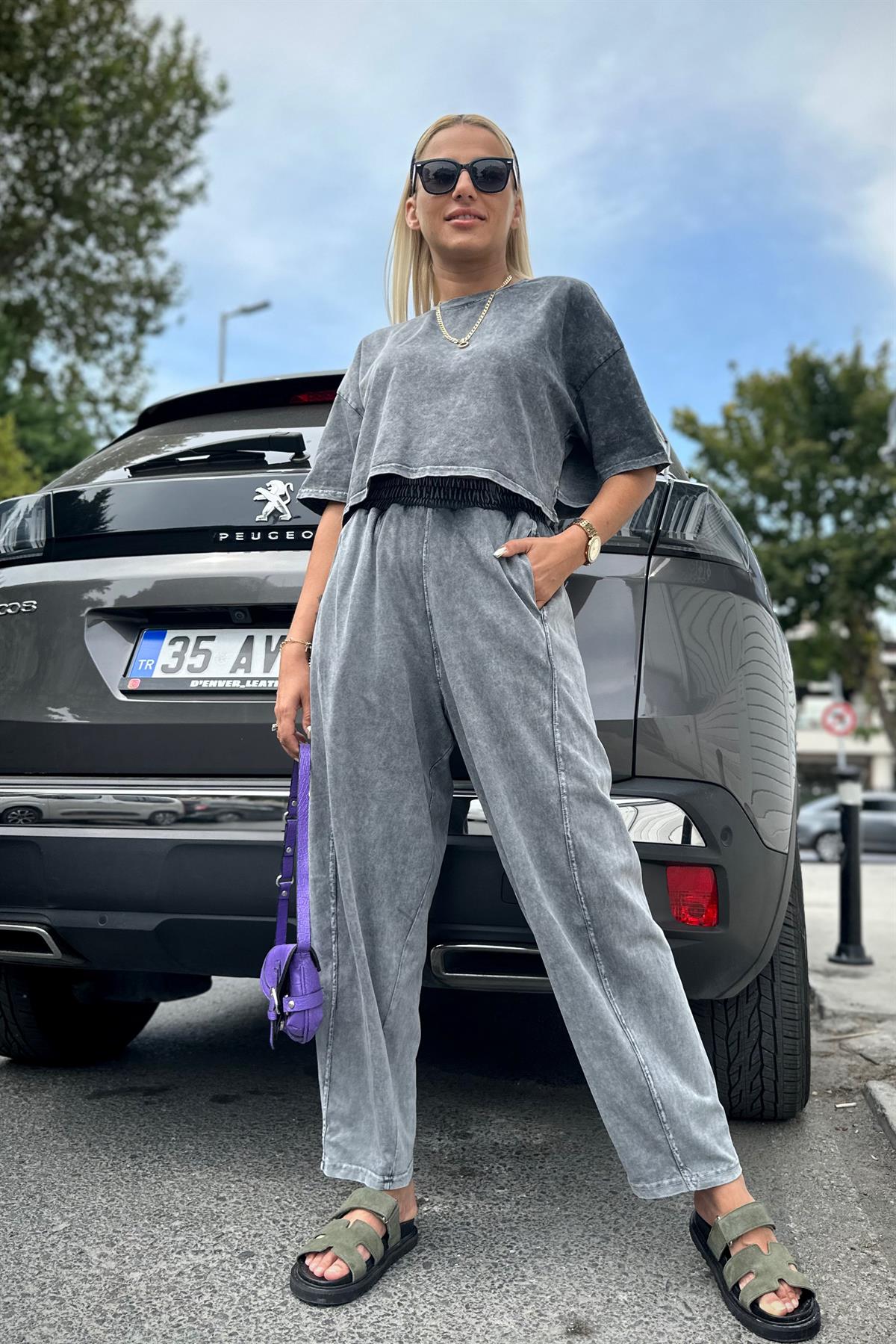 Antrasit Eskitmeli Şalvar Tshirt Takım