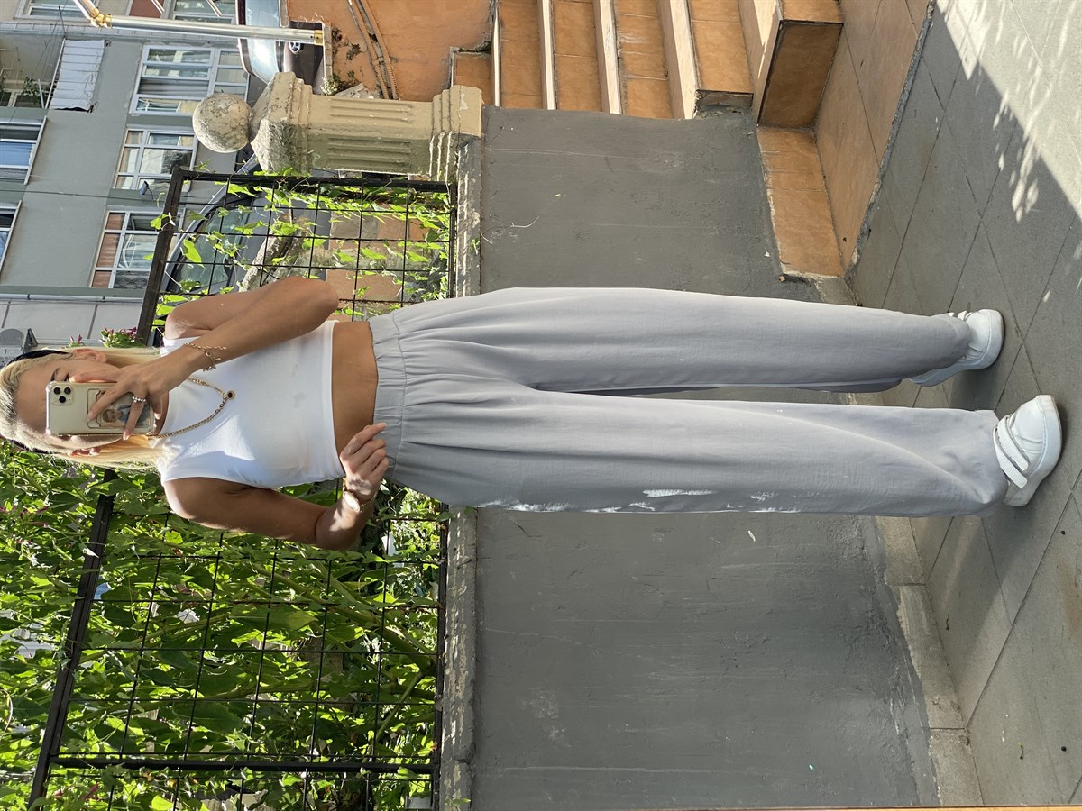 Beli Lastikli Salaş Gri Crep Pantalon