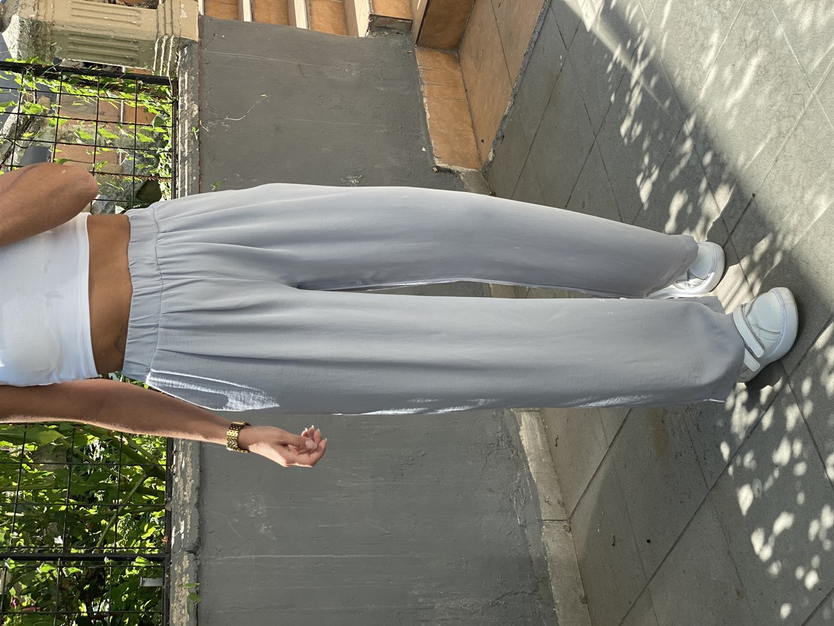 Beli Lastikli Salaş Gri Crep Pantalon