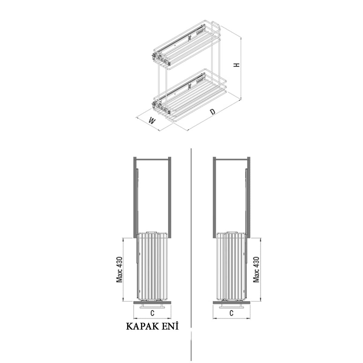 Hemaks D:470*Y:500 MM Frenli Yandan Teleskopik Raylı Deterjanlık - Baba Hırdavat
