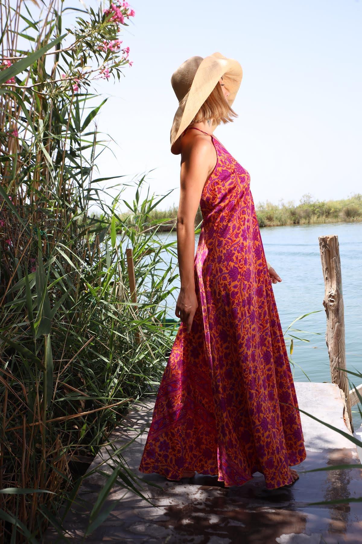 Mango Rengi Önü Arkası V Sırtı Bağcıklı Elbise - Şaman Butik - Bohem ...