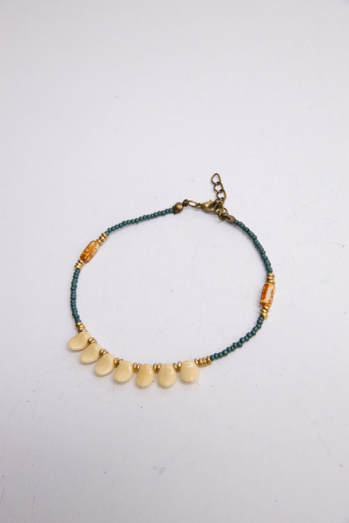 Krem Cam Boncuk Detaylı Bronz Halhal - Şaman Butik - Bohem Giyim ve Aksesuar | Kadın & Erkek