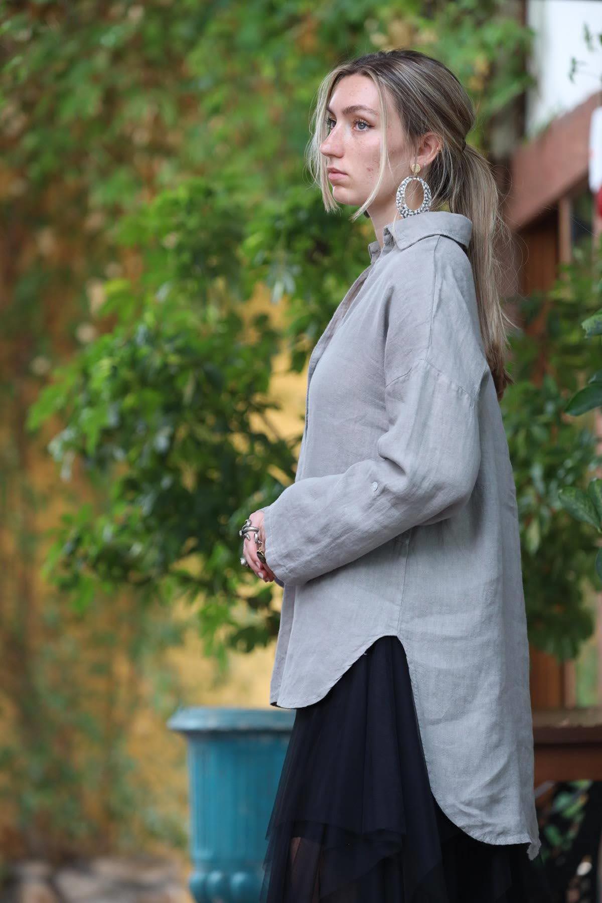 Vizon Rengi Arkası Uzun Dikiş Detaylı Düğmeli Keten Tunik - Şaman Butik