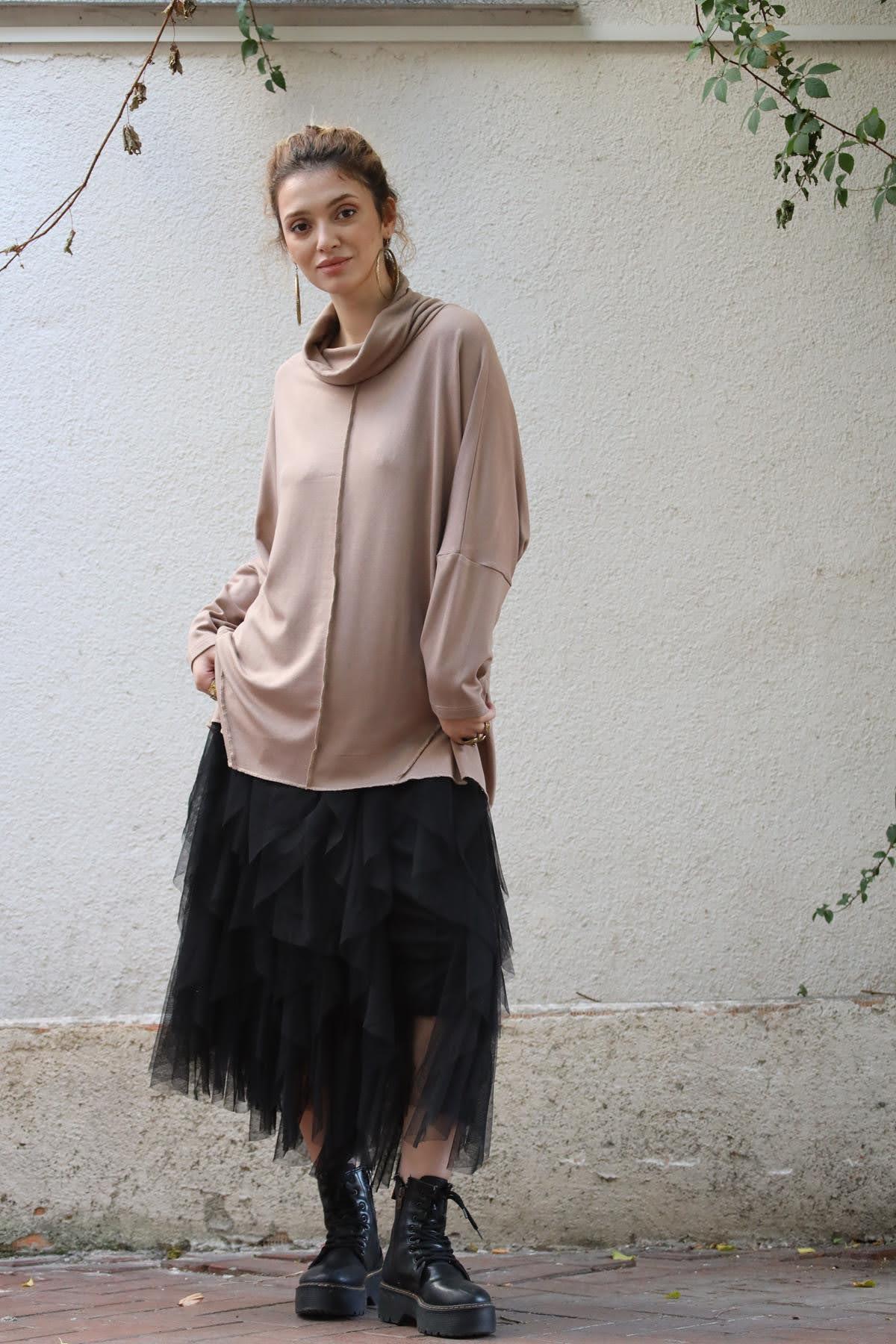 Vizon Rengi Degaje Yaka Parçalı Dikiş Detaylı Bluz - Şaman Butik ...