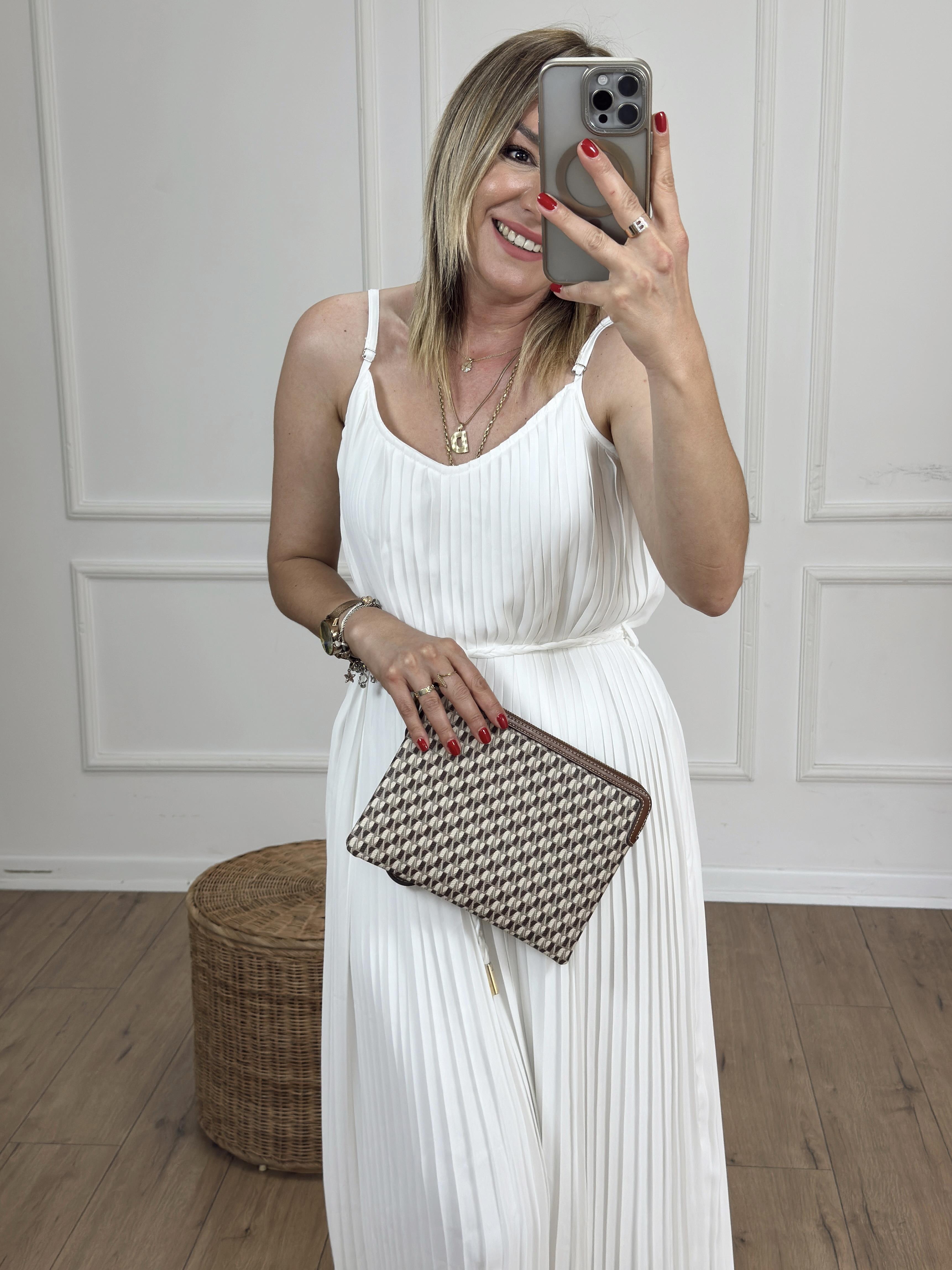 Askılı Piliseli Elbise BEYAZ