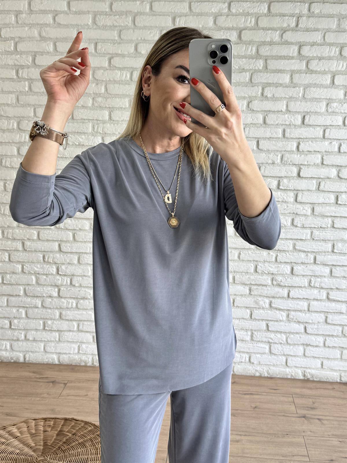Uzun Kollu Cep Detaylı Modal Takım GRİ