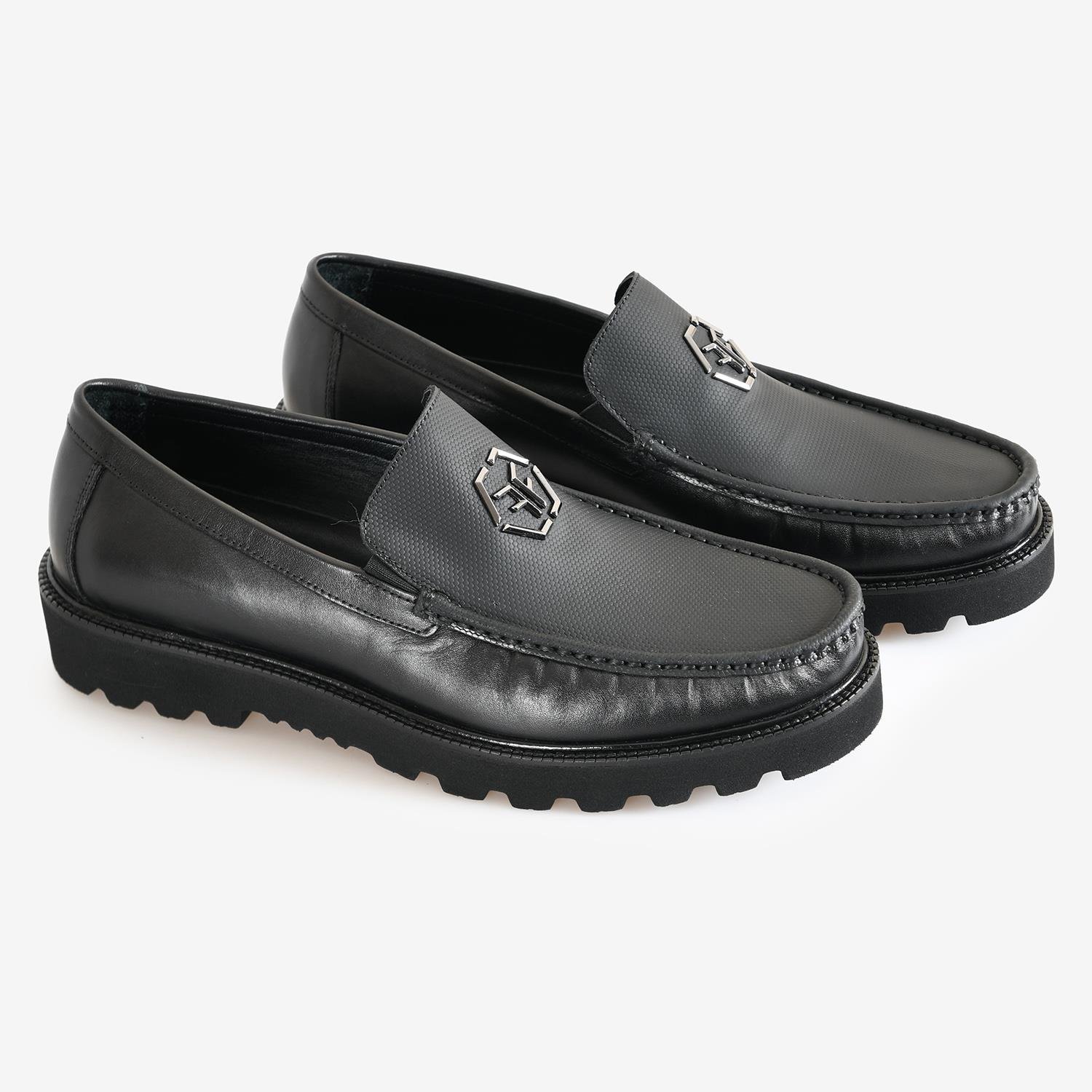 Siyah Deri Logo Detaylı Erkek Loafer | Flower Ayakkabı