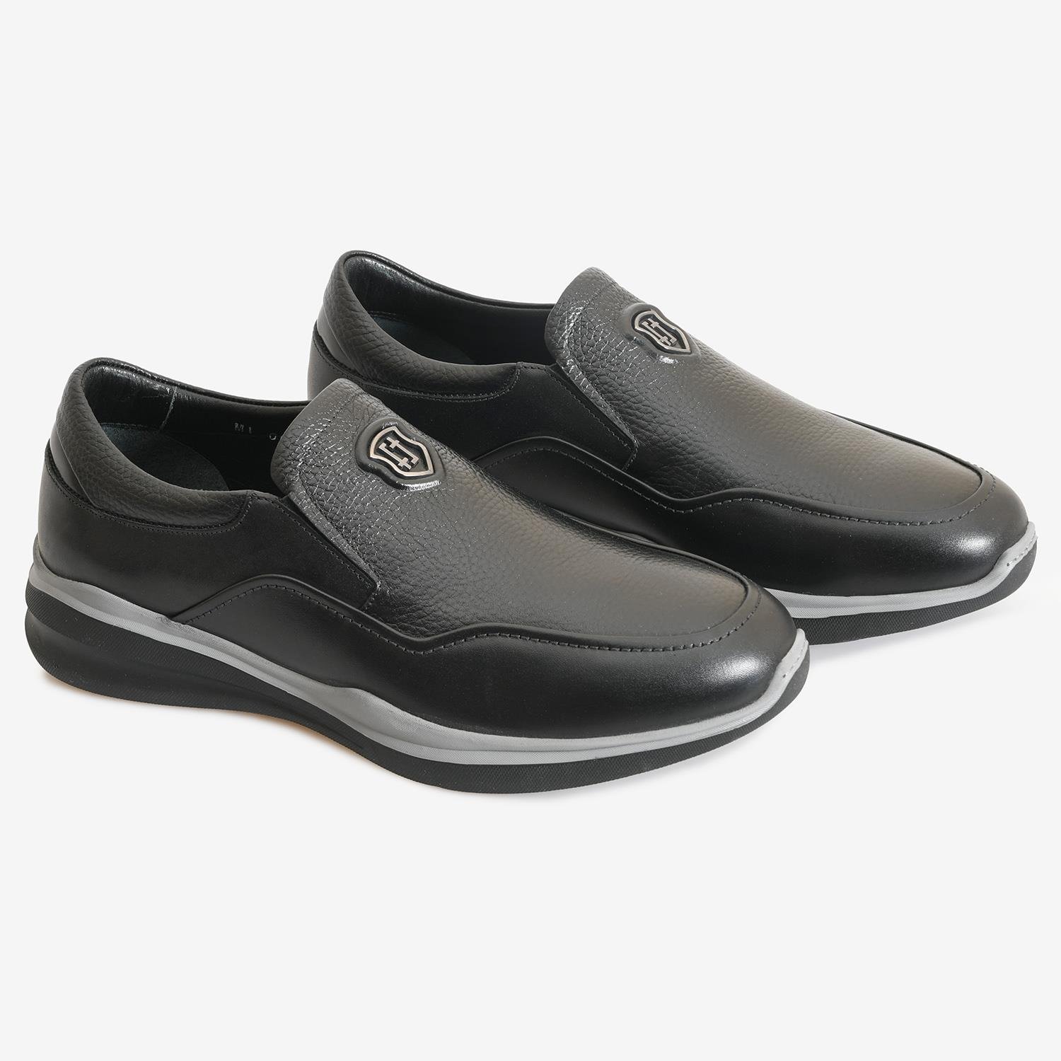 Siyah Deri Logo Detaylı Erkek Loafer | Flower Ayakkabı