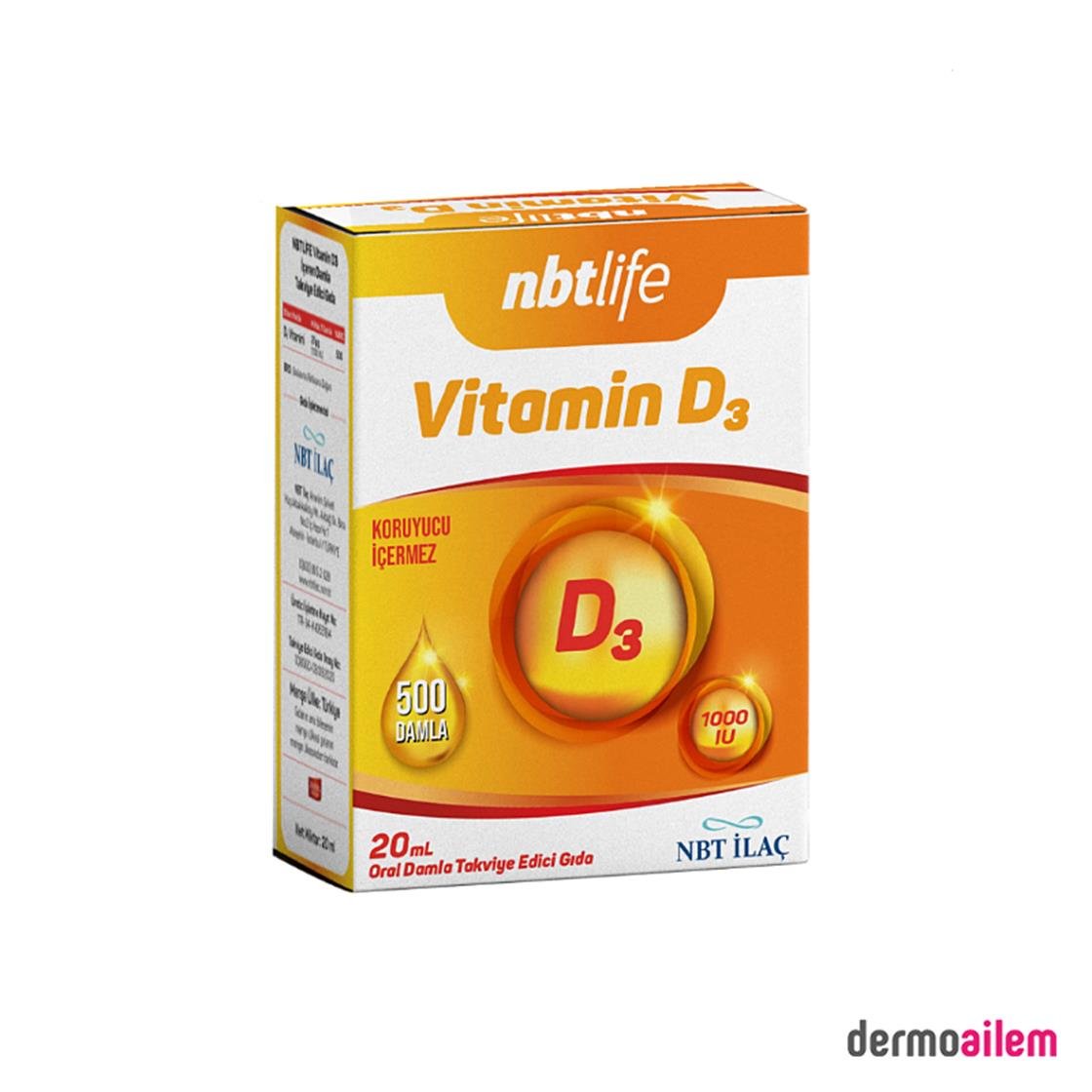 Nbt Life Vitamin D3 Damla 1000 IU 20ml Ürünü ve Fiyatları İndirimli | Dermoailem