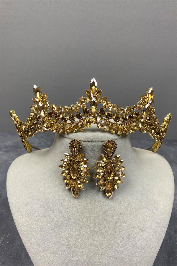 Bal Rengi Venedik Taşlı Gelin Kına Tacı Ve Damlalı Küpe Seti | Hayalperest
