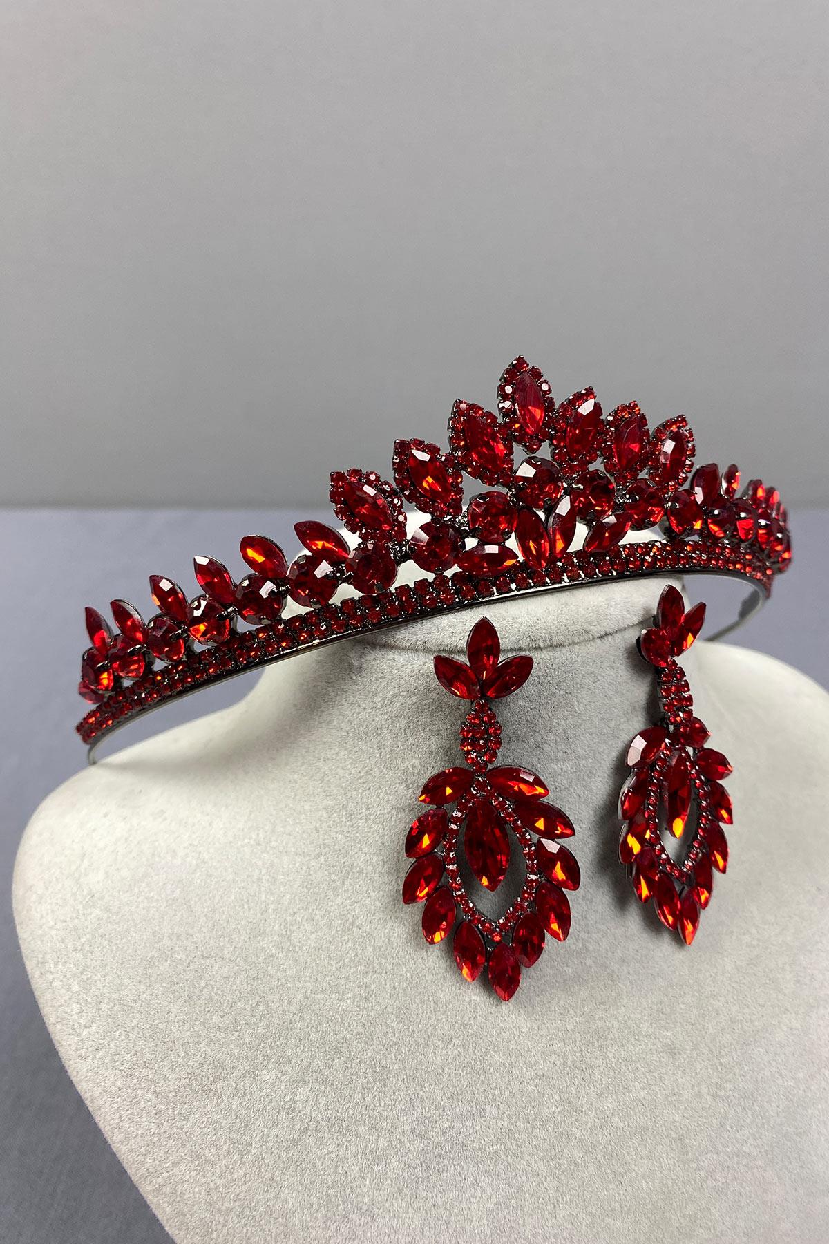 Kırmızı Leyn Gelin Kına Tacı Ve Mekik Taşlı Küpe | Hayalperest