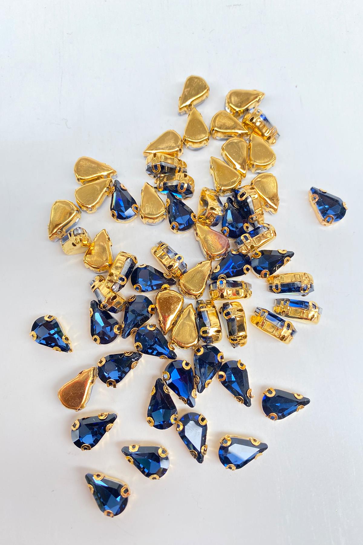 Dark Blue Gold Grounded Strut Shiny Glass Drop Beads 10 Pieces | Daydreamer