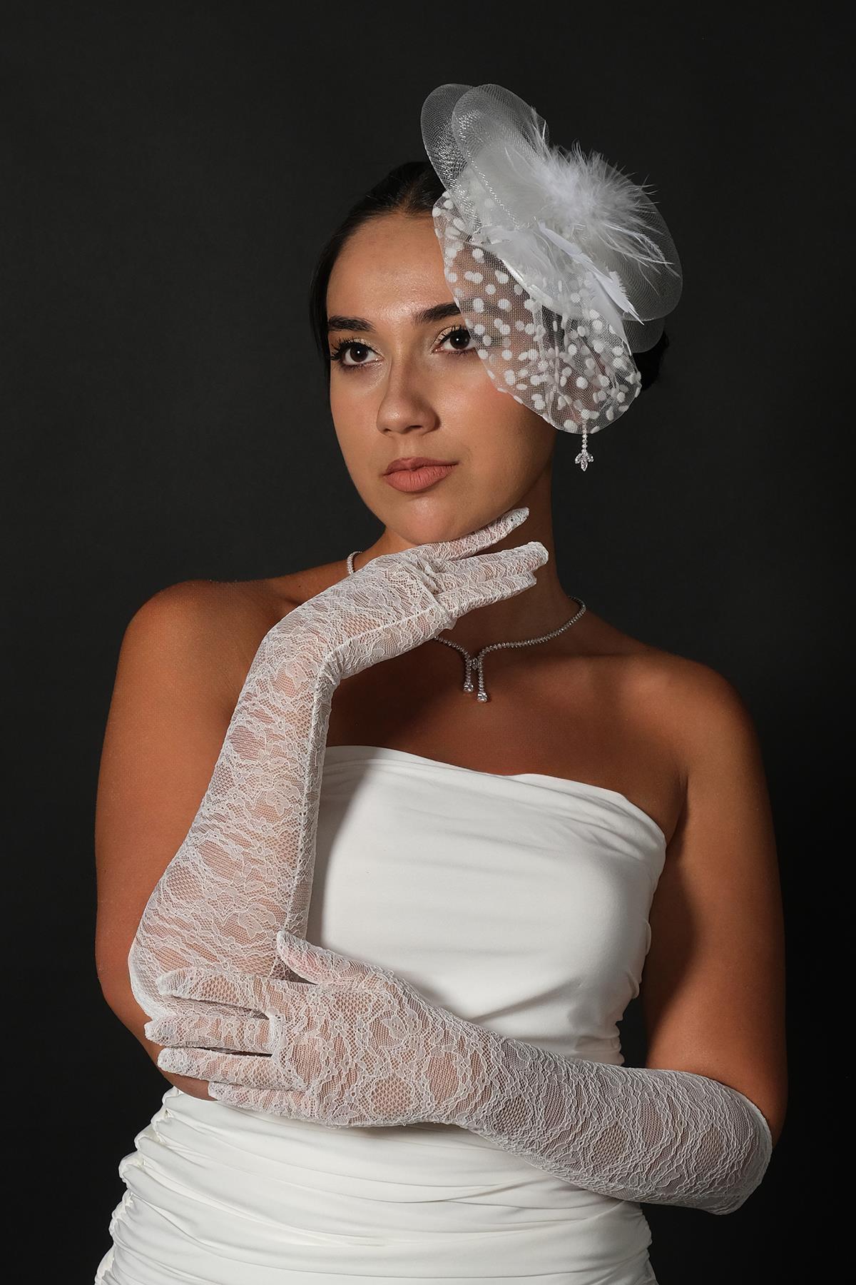 Lycra Lace Long Bridal Gloves and Voilet Wedding Hat | Daydreamer