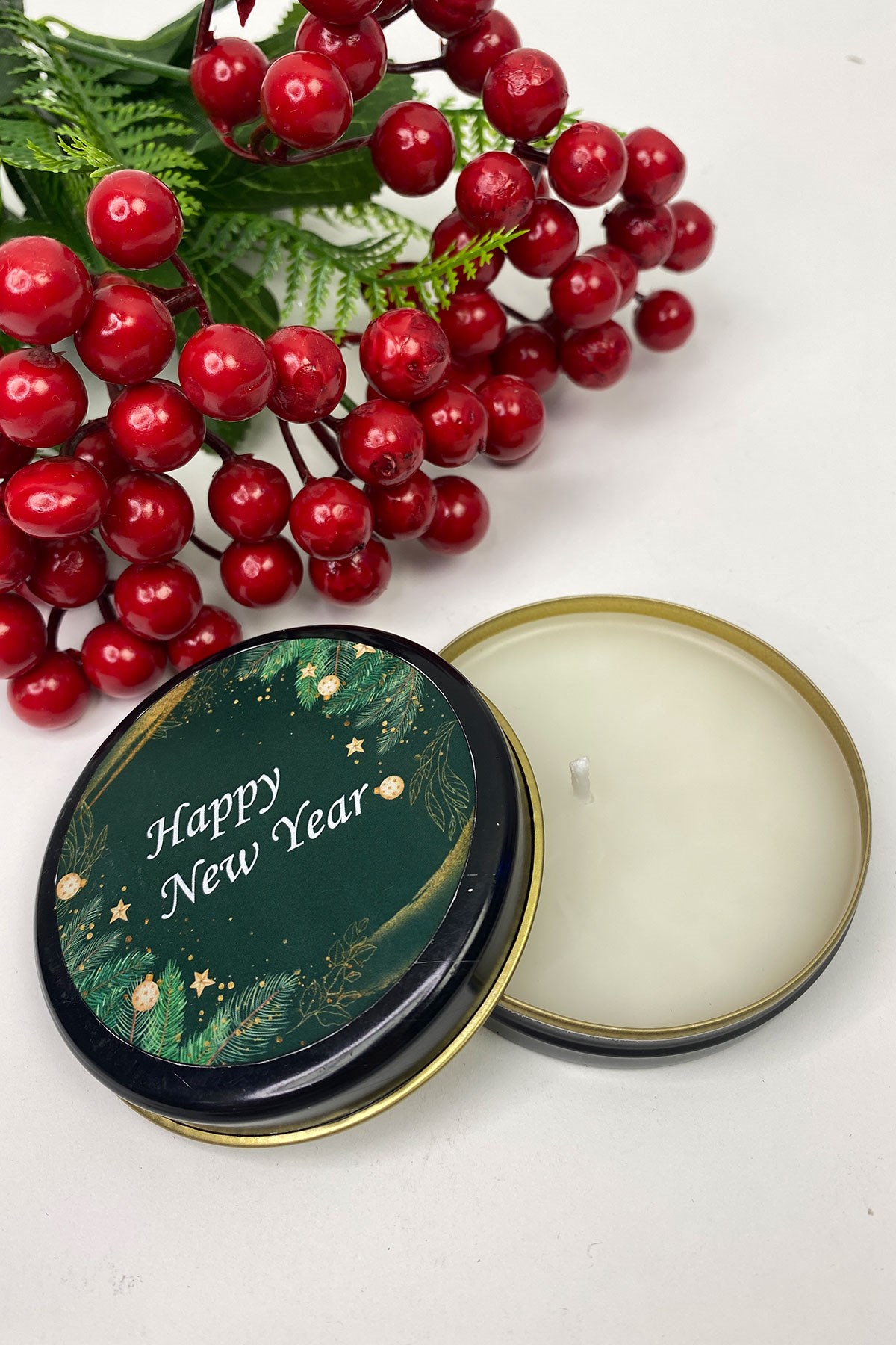 Yuvarlak Siyah Teneke Mum Yeşil Happy New Year Baskılı | Hayalperest