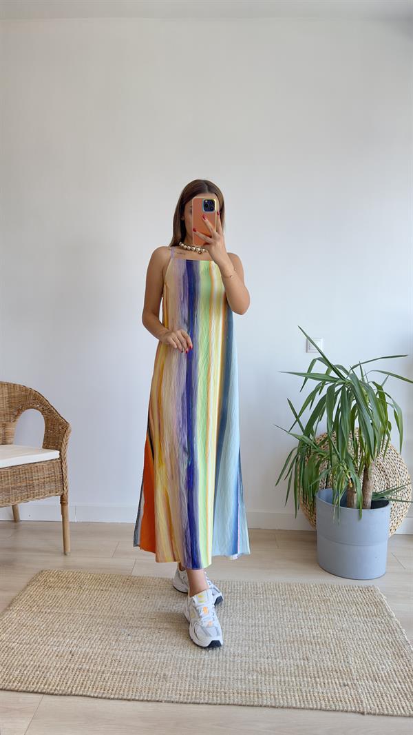 Savey Renk Geçişli Askılı Elbise