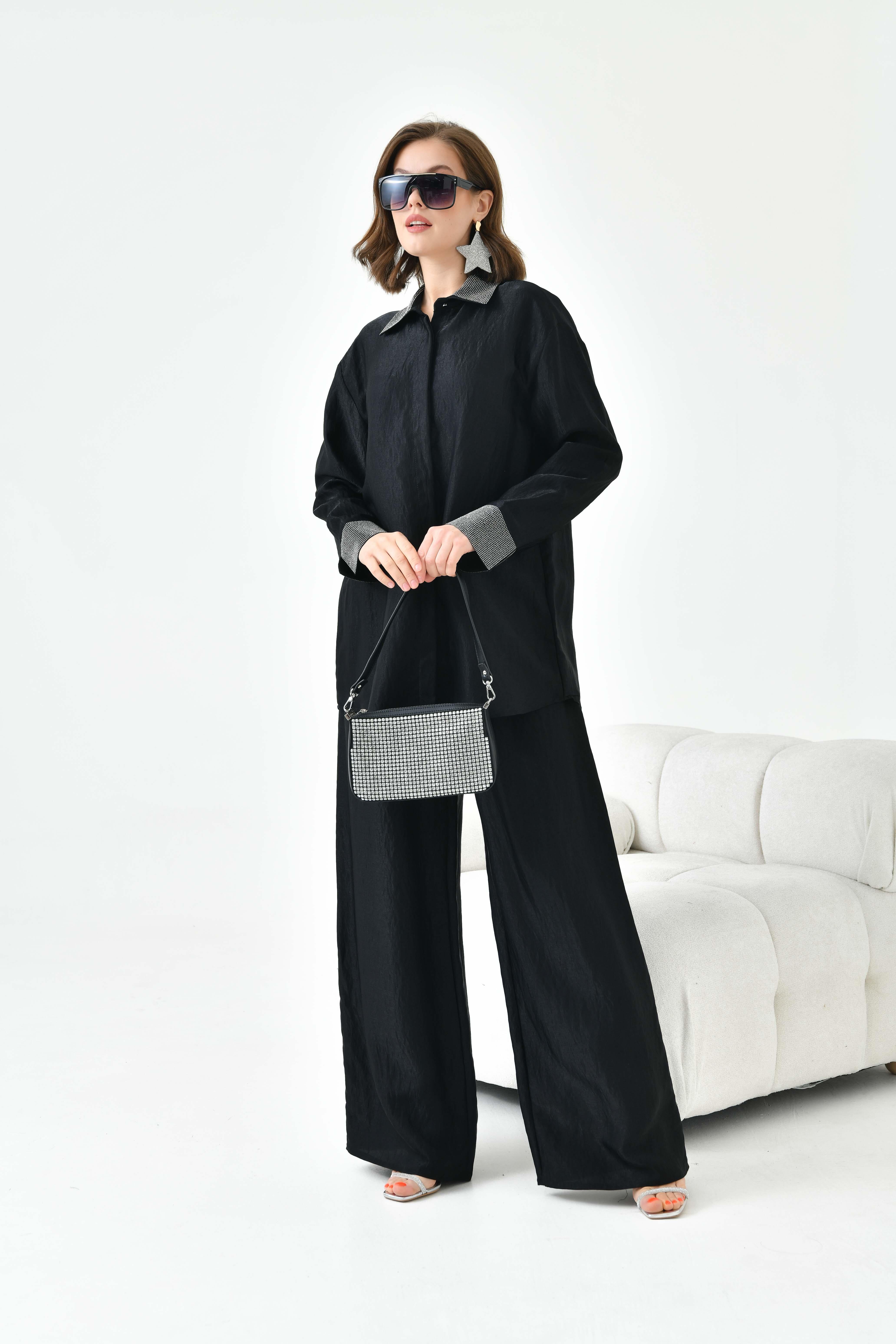 FTZ Women Kadın Yakası Ve Kolu Taşlı Takım Siyah 30781