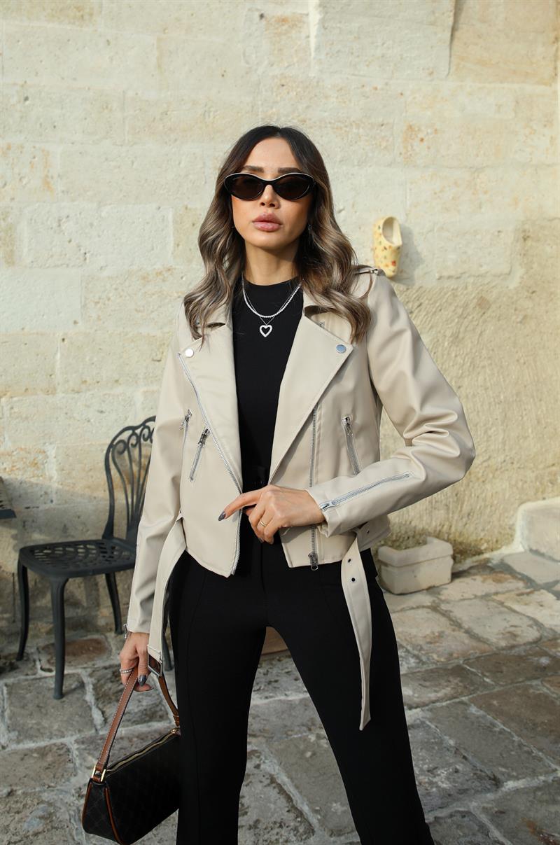 Taş Rengi Fermuar Detaylı Deri Ceket 449,00 TL