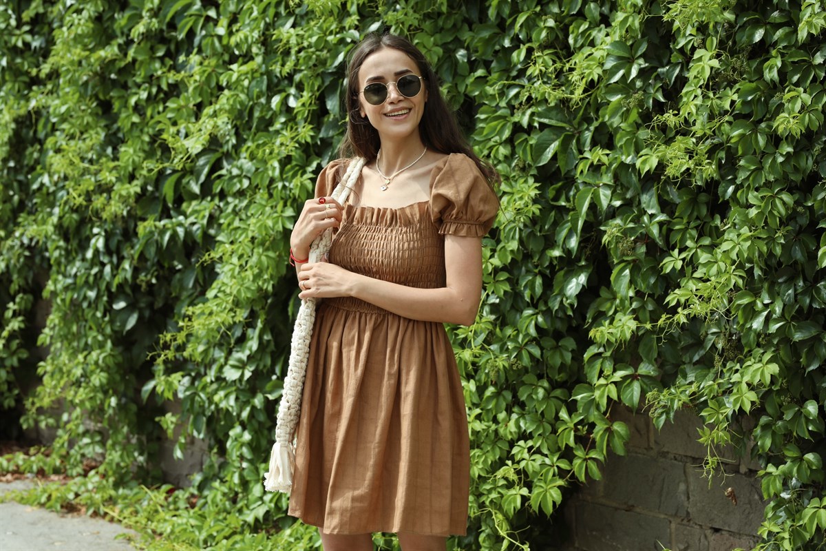 Karpuz Kol Taba Keten Elbise 59,00 TL