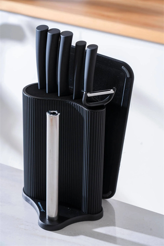 Vanni Cooper 8 Parça Standlı Kesme Tahtası Ve Bıçak Seti Siyah