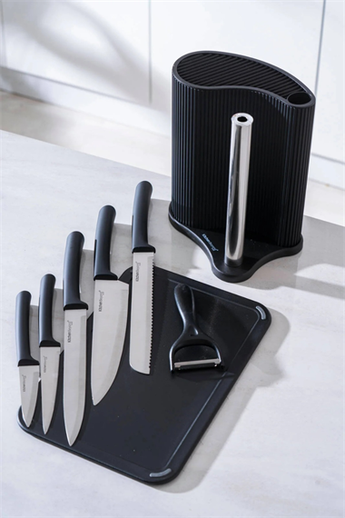 Vanni Cooper 8 Parça Standlı Kesme Tahtası Ve Bıçak Seti Siyah