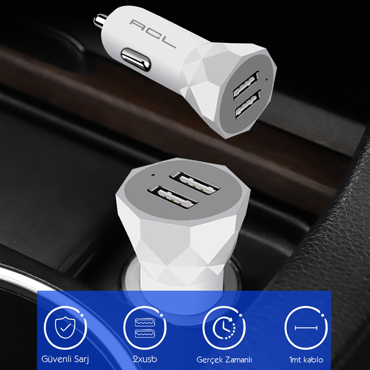 AC-91 RealPower™ 2.4A USBx2 Araç İçi Şarj Aleti Type-C USB Kablolu