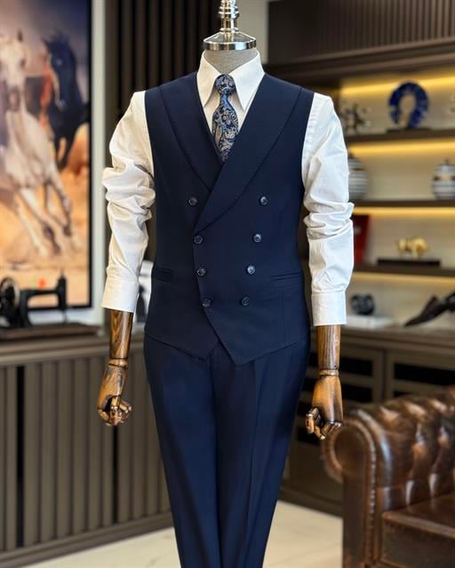 İtalyan stil erkek yelek pantolon takım elbise lacivert T12201