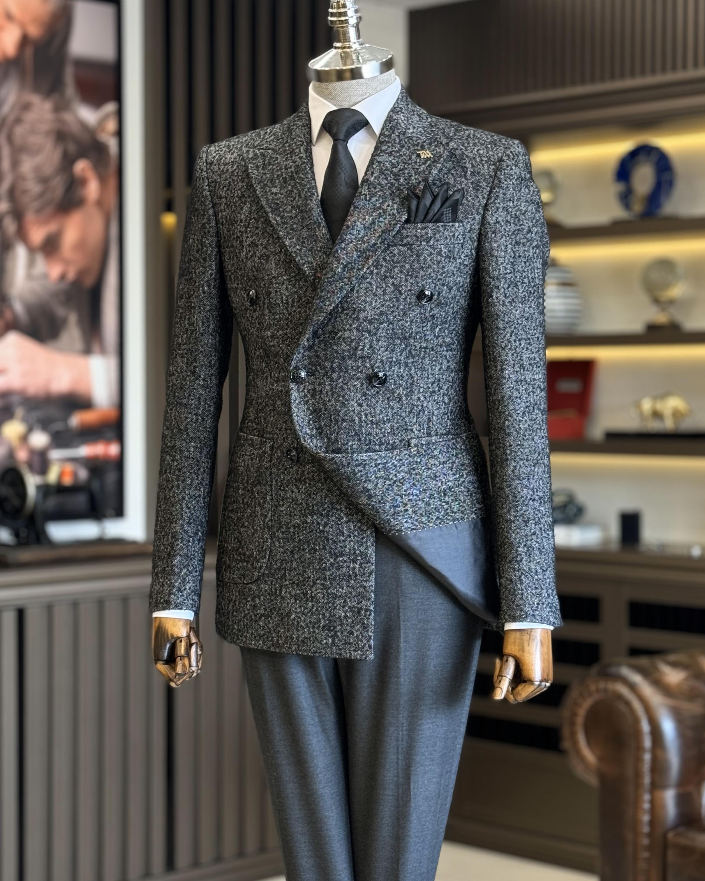 Italian style slim fit double breasted pouch pocket men's jacket black ...