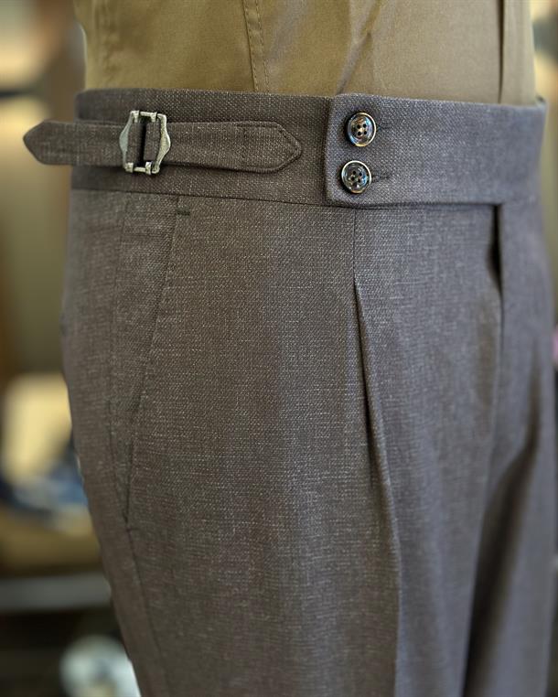 İtalyan stil ceket yelek pileli pantolon takım elbise kahverengi T11289