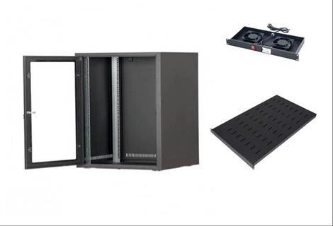 SETRACK 19'' 9U 600X600 CM CAMLI DUVAR TİPİ RACK KABİNET+ SABİT RAF+2Lİ FAN MODÜLÜ I SETRACK