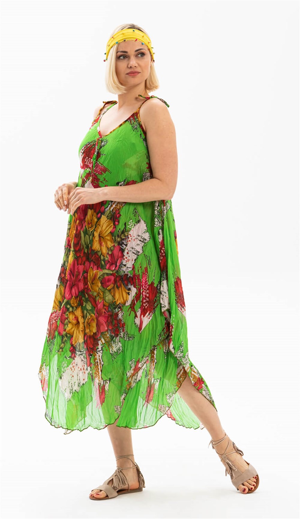 Toptan Askılı Vual Otantik Afrodit Midi Boy Yazlık Elbise Fıstık Yesili ...