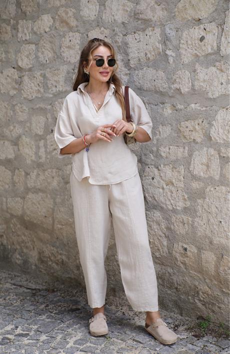 Taş Rengi Keten Salaş Takım