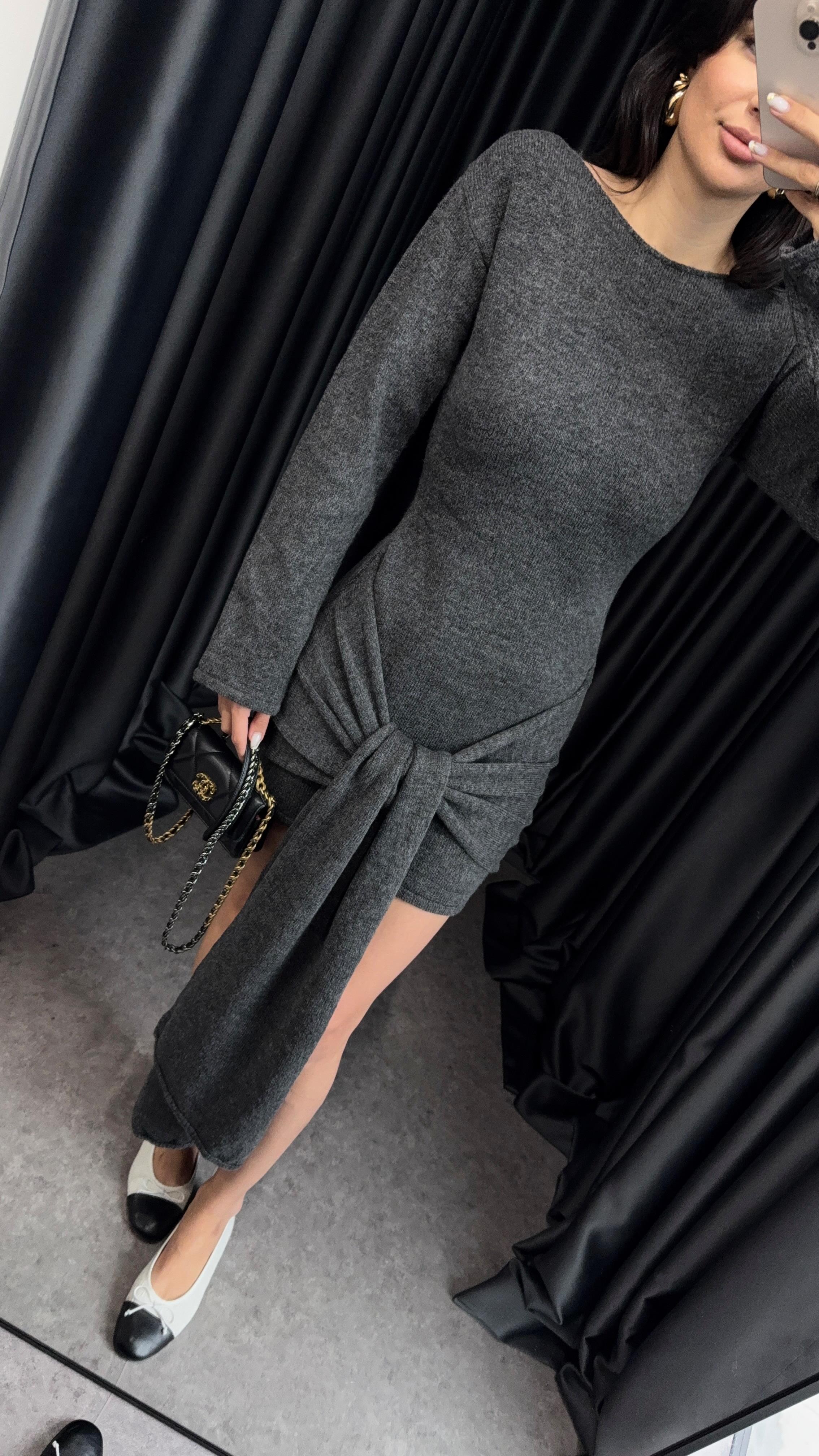 Bağlamalı Antrasit Triko Elbise