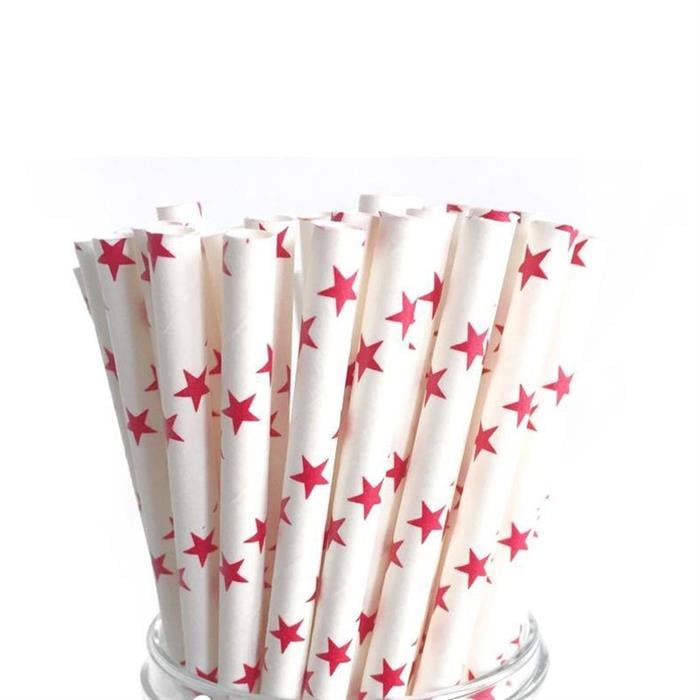 Kırmızı Yıldızlı Beyaz Kağıt Pipet 25'li