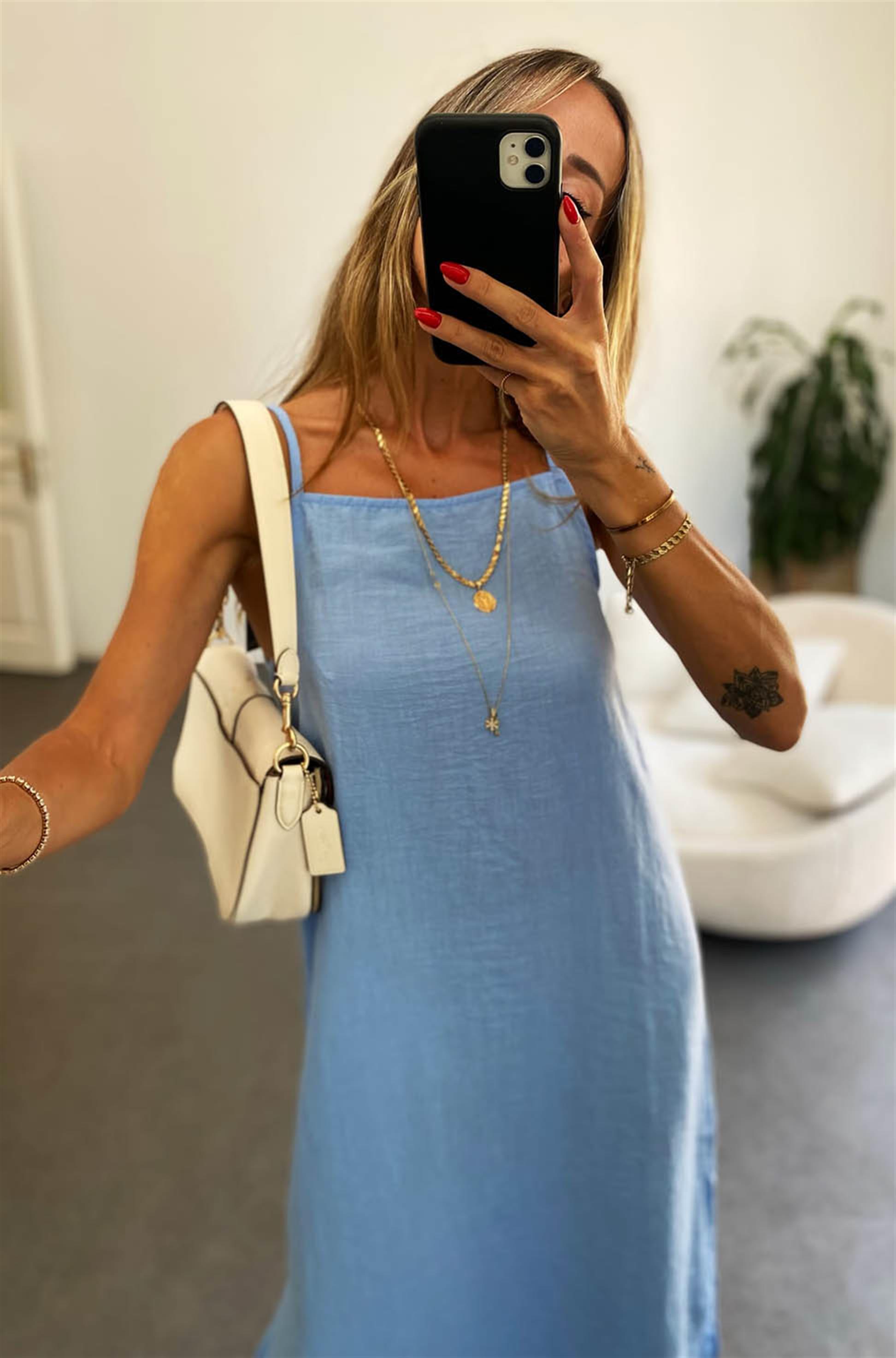 Bebe Plus İp Askılı Yırtmaçlı Midi Boy Keten Elbise Bebe Mavisi - Butik ...